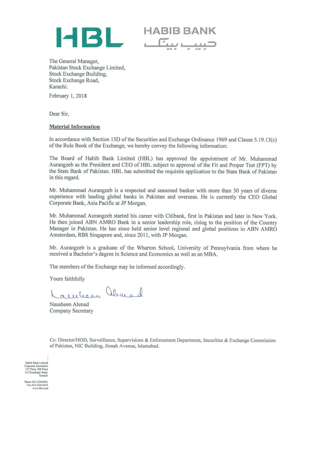 HBL appoints renowned banker Muhammad Aurangzeb as President/CEO - Profit by Pakistan Today