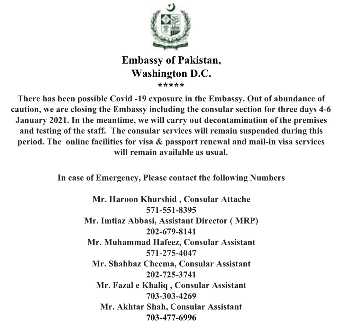 Pakistan embassy in Washington closed due to coronavirus exposure ...