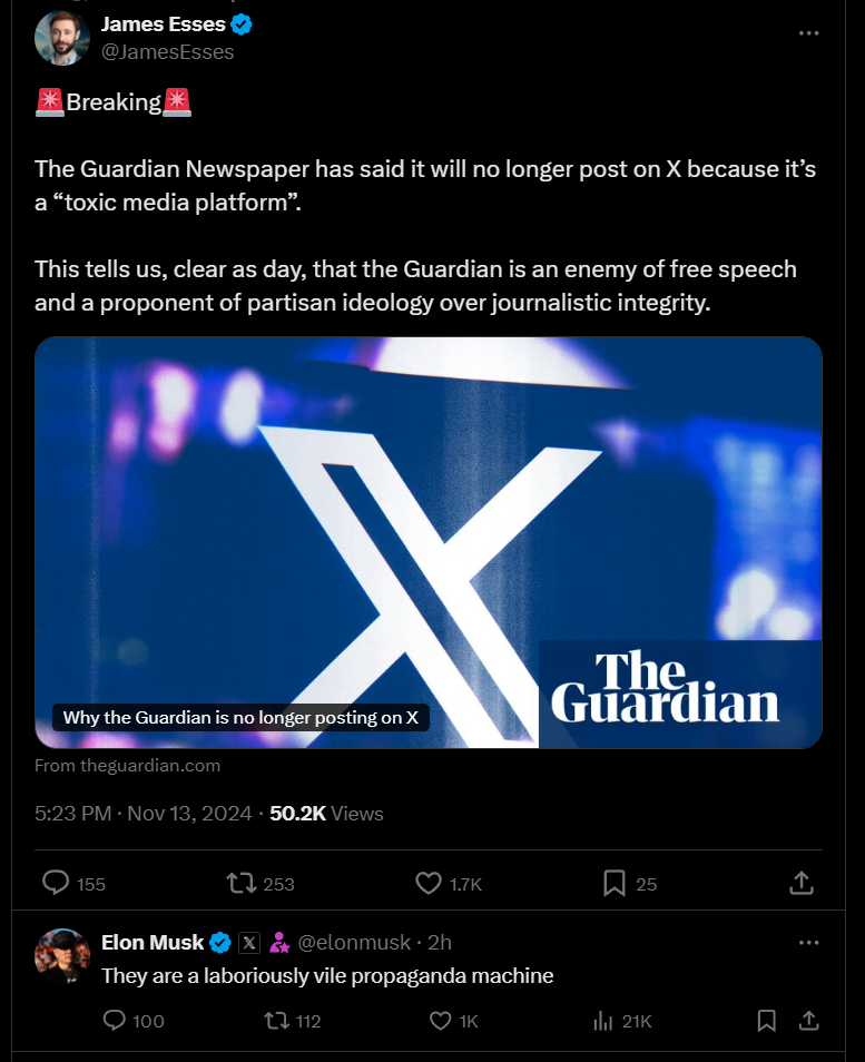 The Guardian ends official posts on Elon Musk’s platform X - Profit by ...
